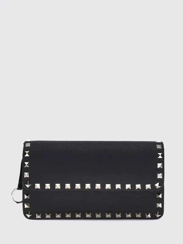 Valentino Garavani Rockstud Wallet On Chain In Grained Calfskin With Studs - Black