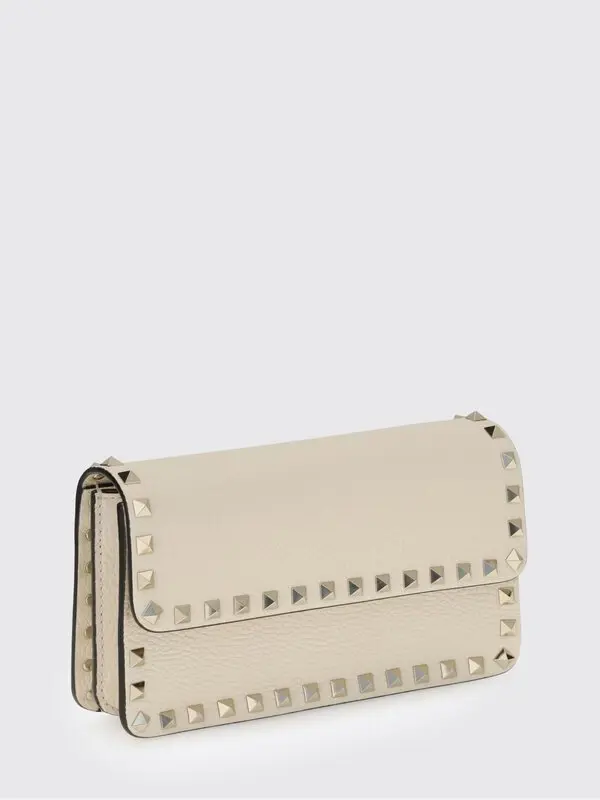 Valentino Garavani Rockstud Wallet On Chain In Grained Calfskin With Studs - Ivory