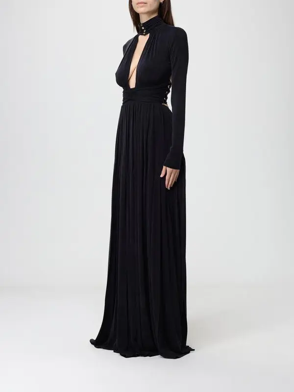 Elisabetta Franchi Long Sleeve Plunge Neck Gown - Black