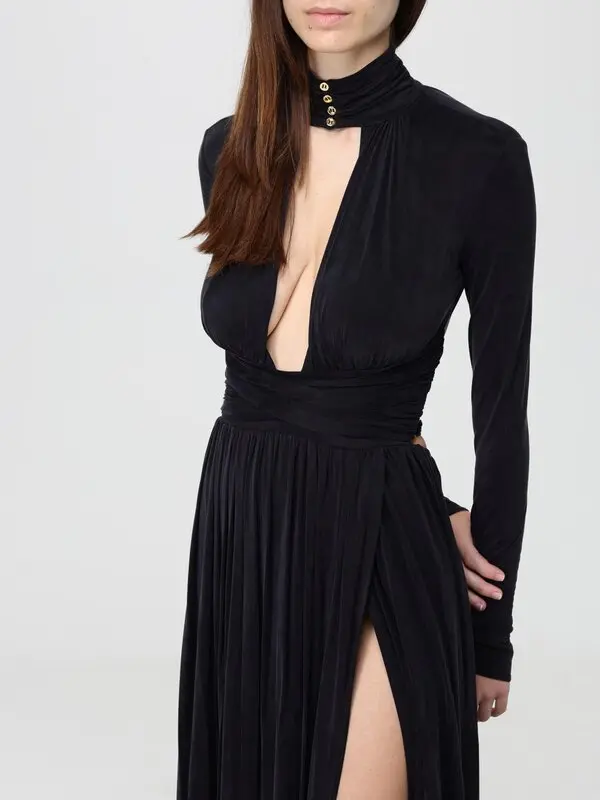 Elisabetta Franchi Long Sleeve Plunge Neck Gown - Black