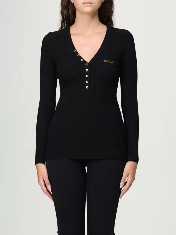 Elisabetta Franchi Ribbed V-neck Long Sleeve Jumper With Gold-tone Buttons