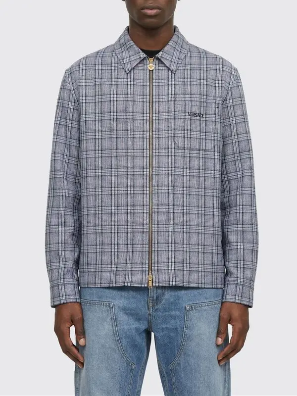 Versace Wool Flannel Overshirt With Check Pattern - Blue