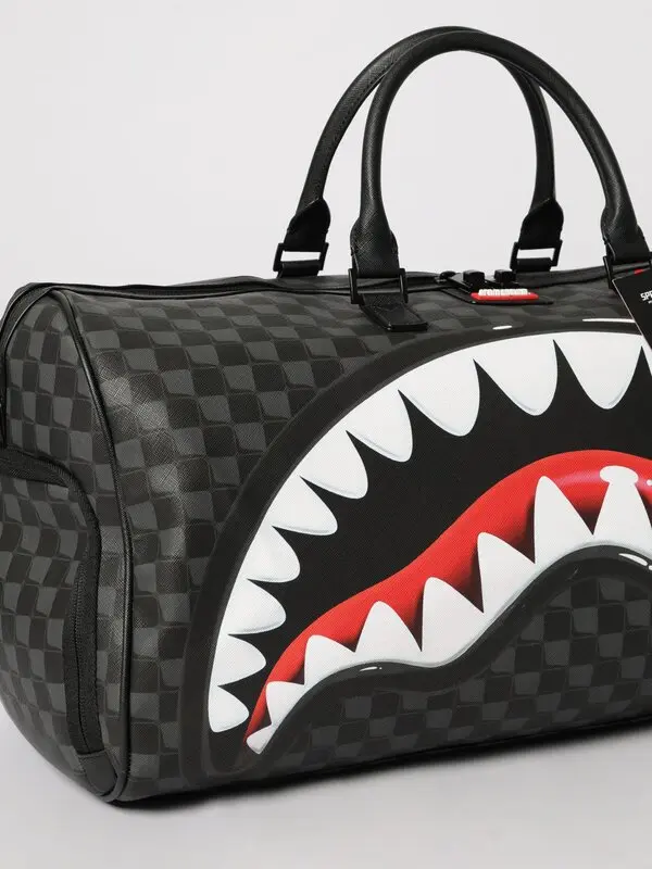 SPRAYGROUND Saffiano Coated Cotton Duffle Bag With Checkered Pattern And Shark Graphic