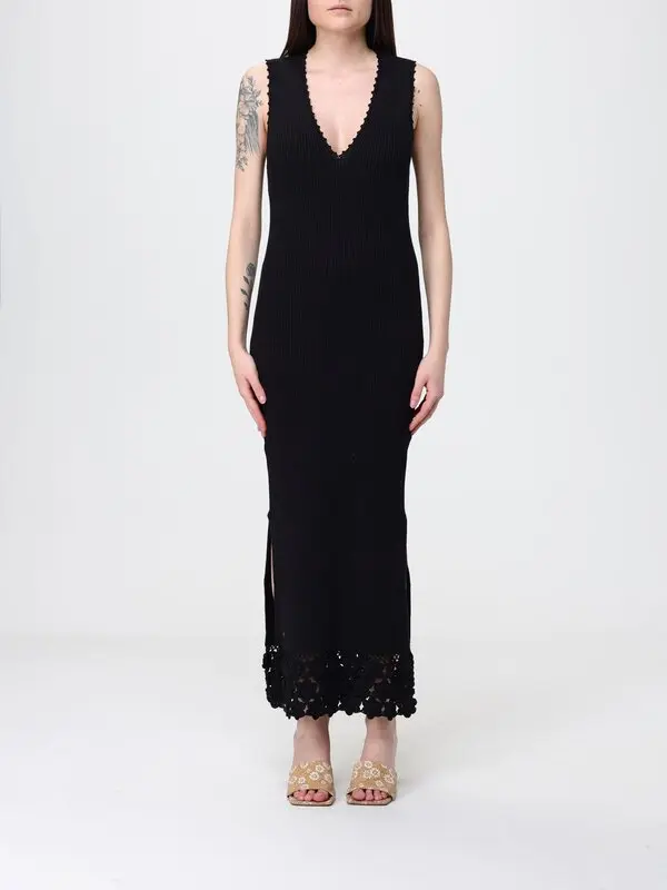 GANNI Ribbed Midi Dress With Lace Trim - Black