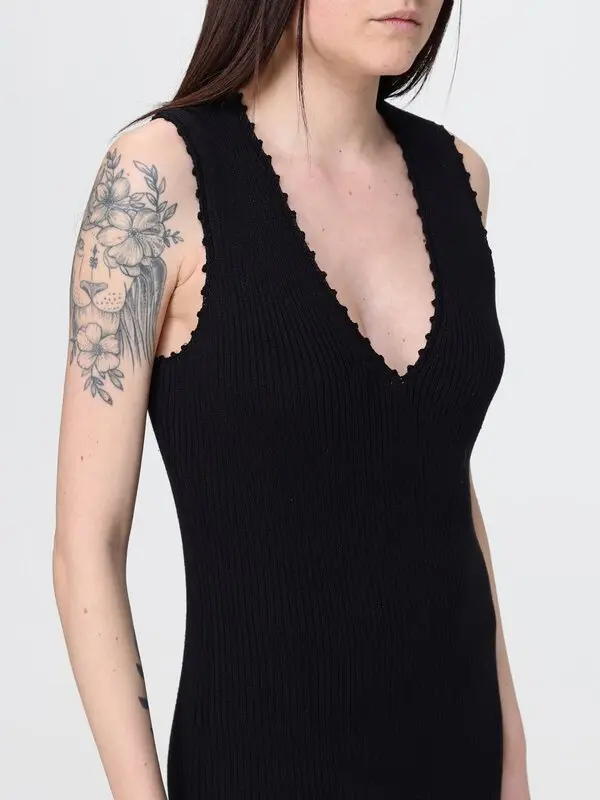 GANNI Ribbed Midi Dress With Lace Trim - Black