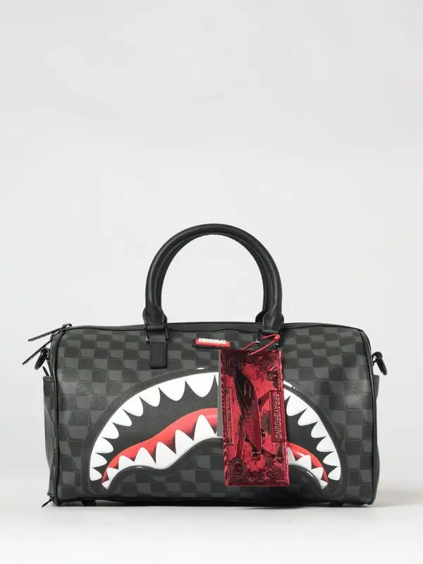 SPRAYGROUND Checkered Saffiano Coated Cotton Duffle Bag With Shark Crew Logo - Black