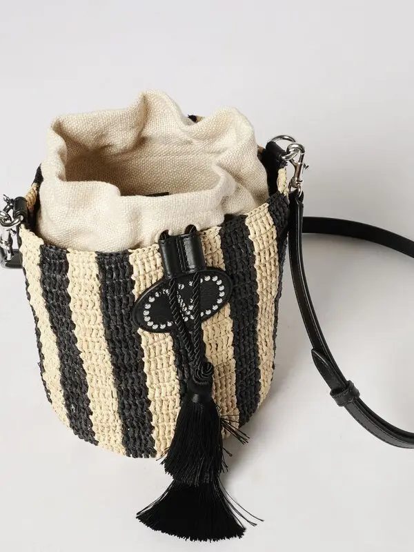 Valentino Garavani Striped Crochet Raffia Bucket Bag - Black