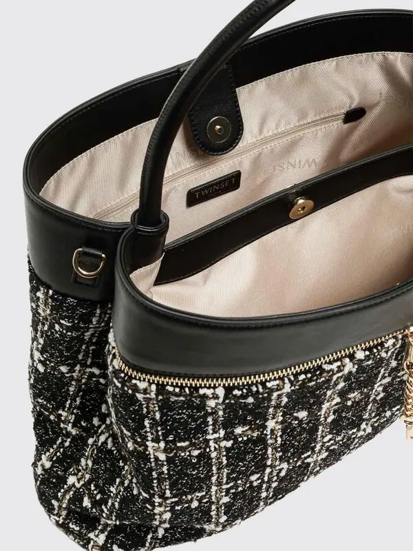 TWINSET Checked Tweed Handbag With Leather Accents
