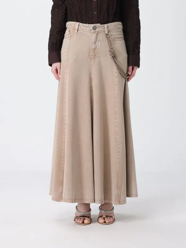 Pinko Lyocell And Denim Midi Skirt With Jewel Belt