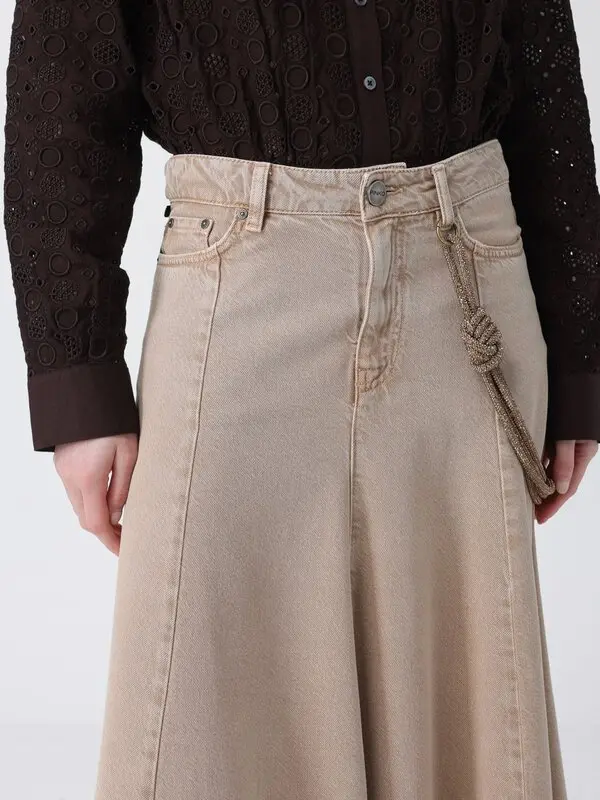 Pinko Lyocell And Denim Midi Skirt With Jewel Belt