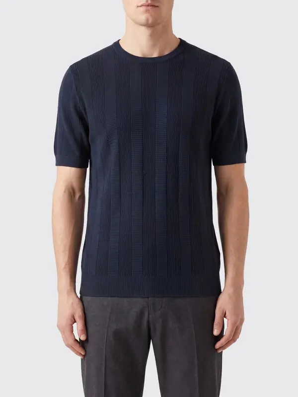 KANGRA Short-sleeved Cotton Crewneck Sweater With Ribbed Trims - Blue