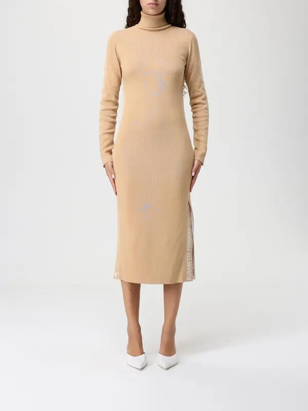 Elisabetta Franchi Ribbed High Neck Midi Dress With Logo Detail - Honey