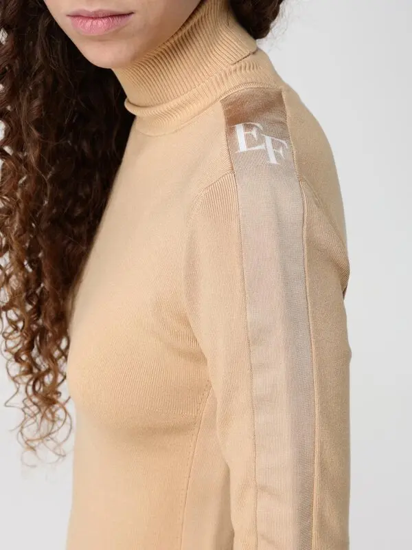 Elisabetta Franchi Ribbed High Neck Midi Dress With Logo Detail - Honey