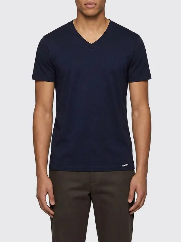 TOM FORD Slim Fit V-neck T-shirt In Stretch Cotton - Blue