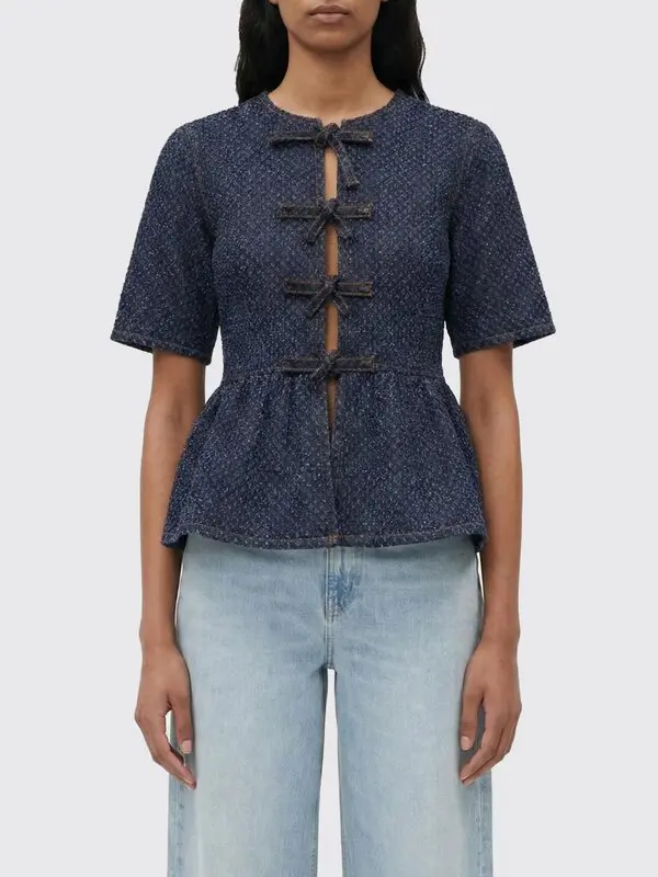 GANNI Denim Peplum Top With Bow Detailing