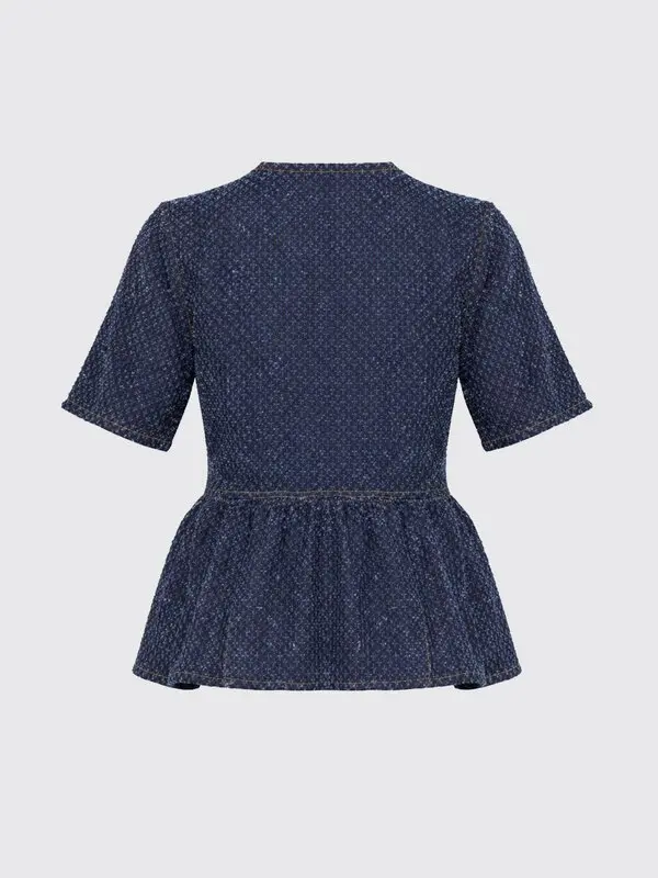 GANNI Denim Peplum Top With Bow Detailing