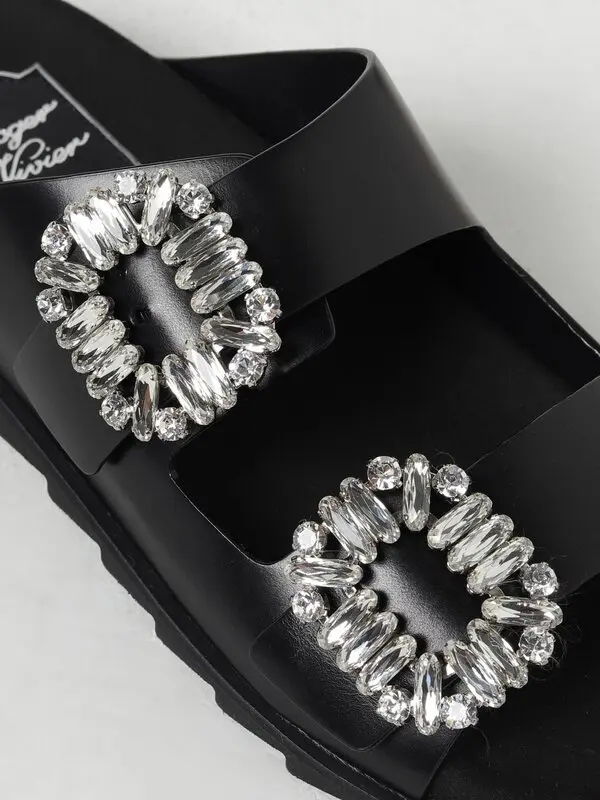 ROGER VIVIER Embellished Buckled Leather Slides - Black