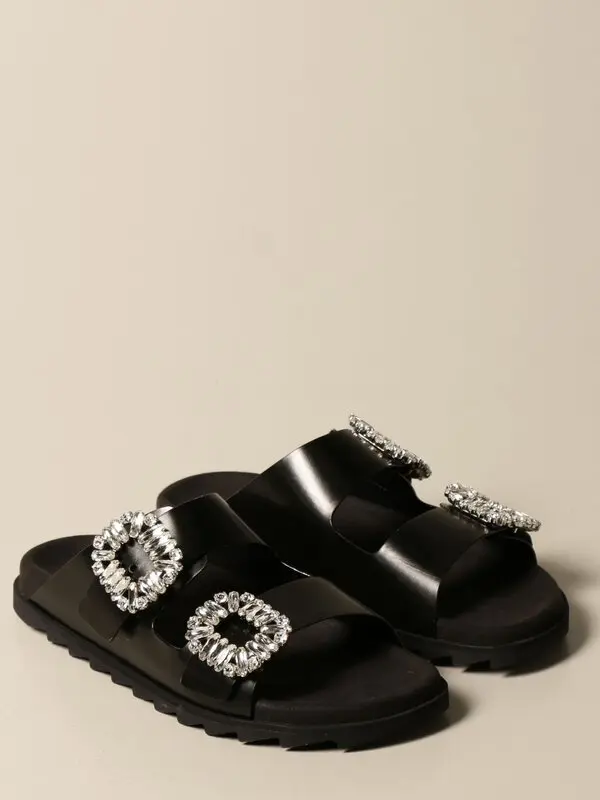 ROGER VIVIER Buckled Leather Slidy Sandals - Black