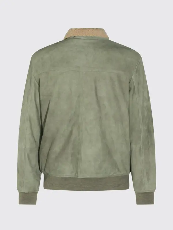 Canali Suede Leather Bomber Jacket With Fur Collar And Elasticated Hem