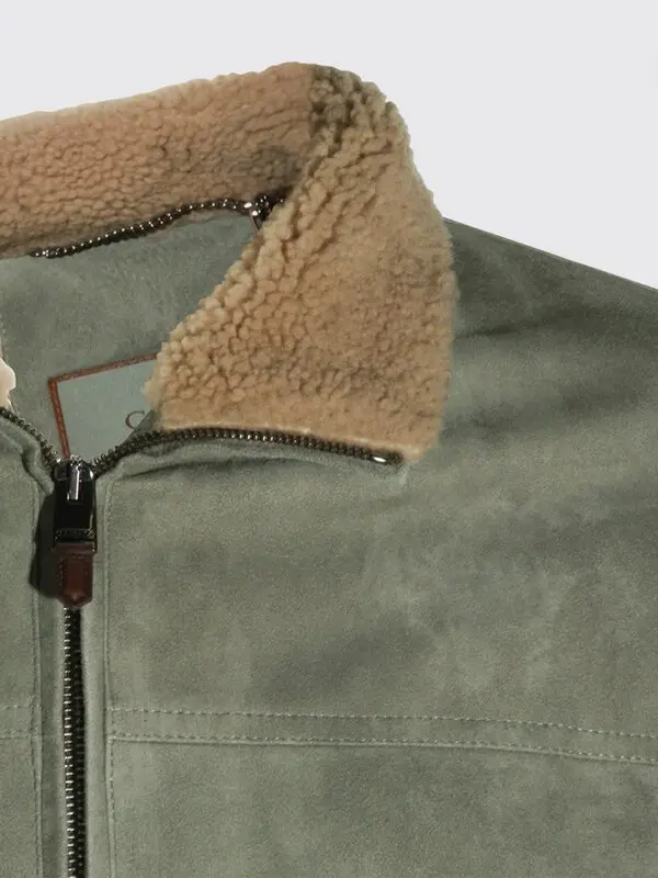 Canali Suede Leather Bomber Jacket With Fur Collar And Elasticated Hem