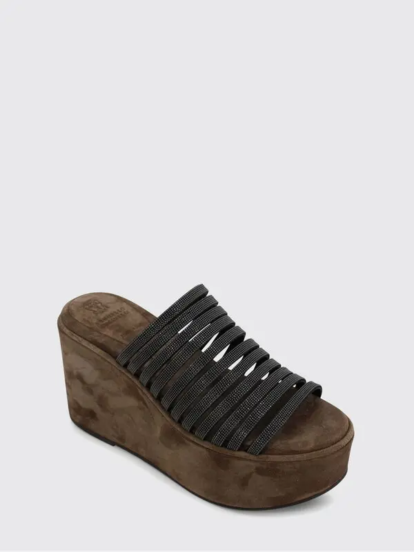 Brunello Cucinelli Suede Wedge Sandal With Monile