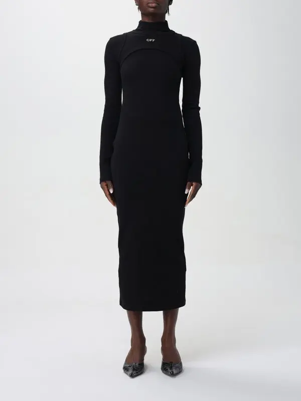 Off-White Ribbed Knit Midi Dress With High Neck