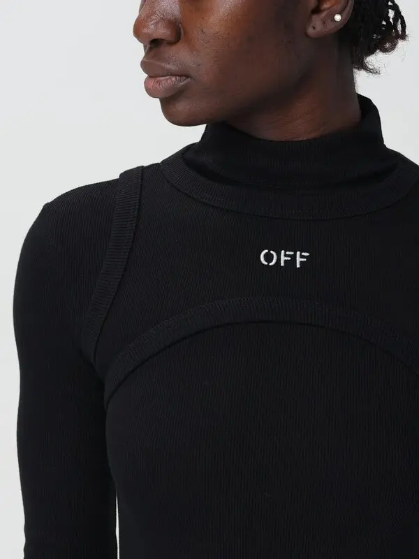 Off-White Ribbed Knit Midi Dress With High Neck