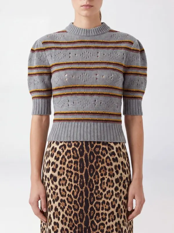 Marni Pure Cashmere Striped Puff Sleeve Sweater - Grey