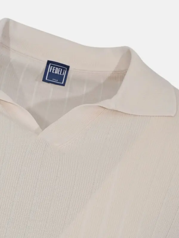 Fedeli Slim Fit V-neck Knit Polo In Organic Cotton With Short Sleeves - Ivory