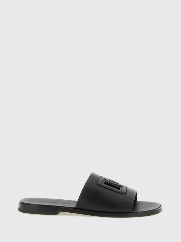 Dolce & Gabbana Smooth Calf Leather Slide Sandals With Dg Monogram - Black