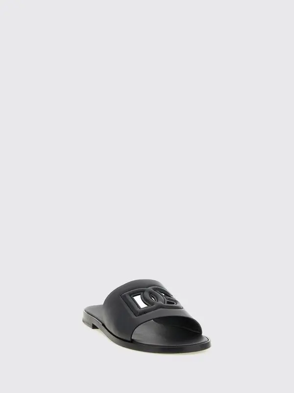 Dolce & Gabbana Smooth Calf Leather Slide Sandals With Dg Monogram - Black