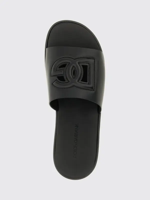 Dolce & Gabbana Smooth Calf Leather Slide Sandals With Dg Monogram - Black
