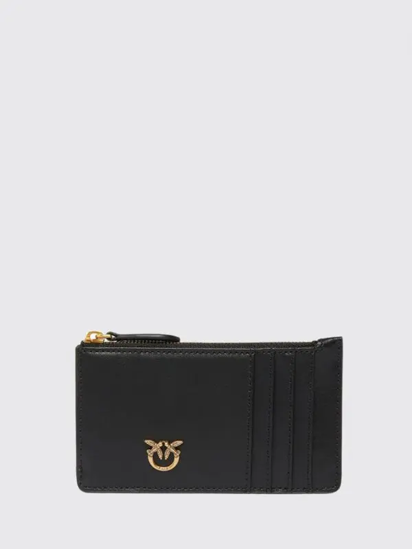 Pinko Flat Leather Card Holder With Love Birds Logo And Zip Closure - Black