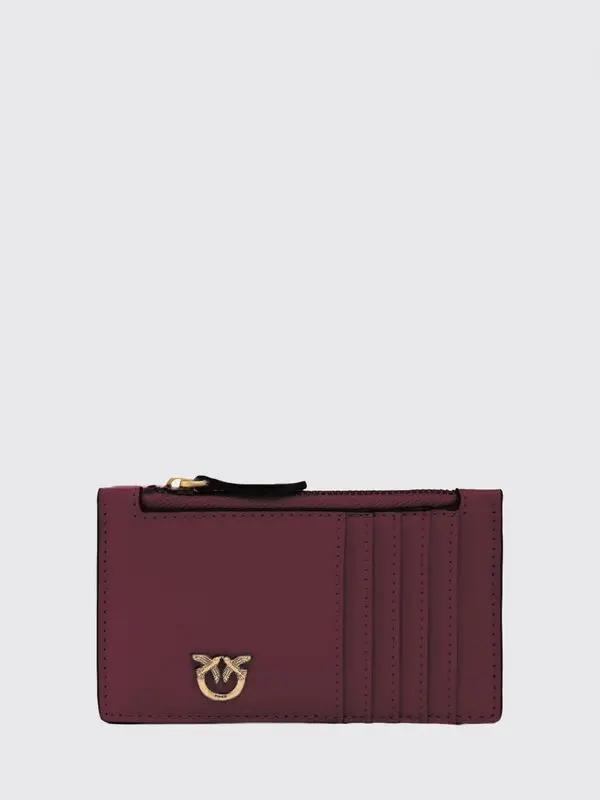 Pinko Flat Leather Card Holder With Love Birds Logo And Zip Closure - Cherry