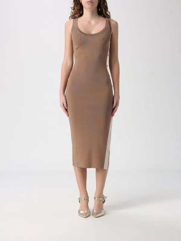 Elisabetta Franchi Ribbed Midi Dress With Button Detail - Beige