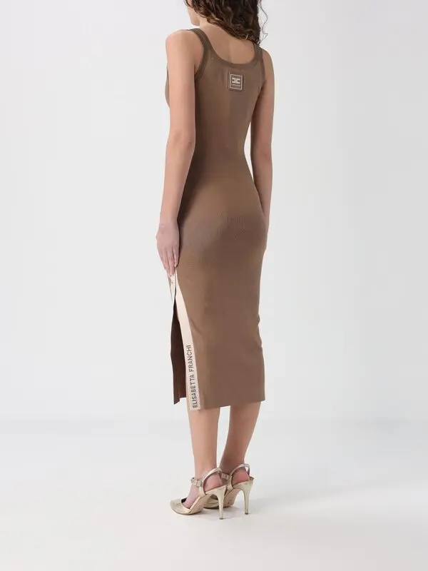 Elisabetta Franchi Ribbed Midi Dress With Button Detail - Beige