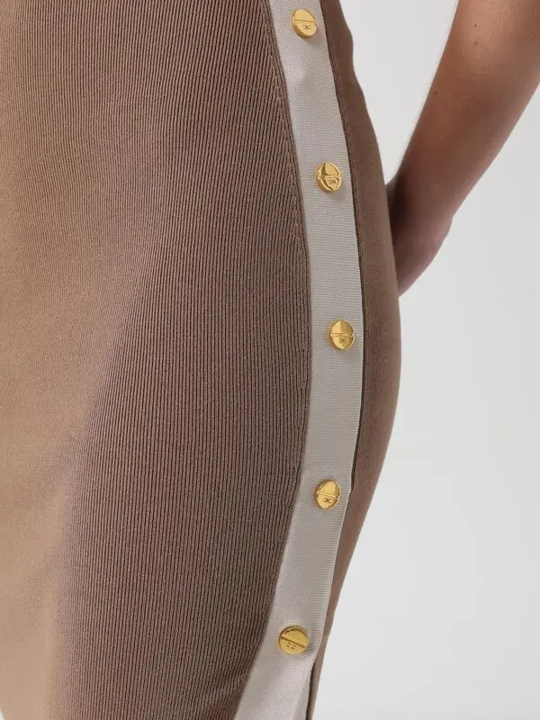 Elisabetta Franchi Ribbed Midi Dress With Button Detail - Beige