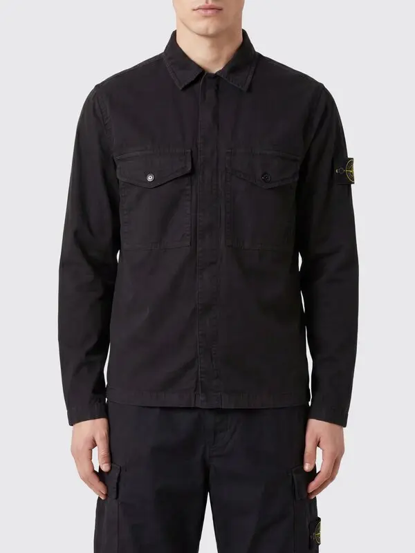 Stone Island Slim Fit Cotton Twill Shirt Jacket With Compass Logo - Black