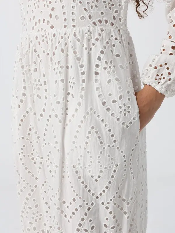 MC2 SAINT BARTH Long Sleeve Cotton Sangallo Lace Maxi Dress