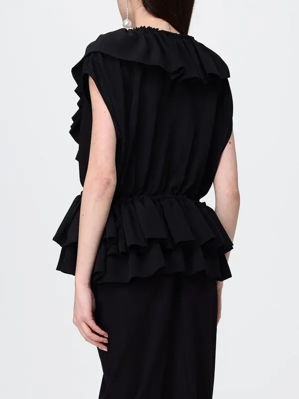Dries Van Noten Sleeveless Ramie And Silk Blouse With Ruffle Accents - Black