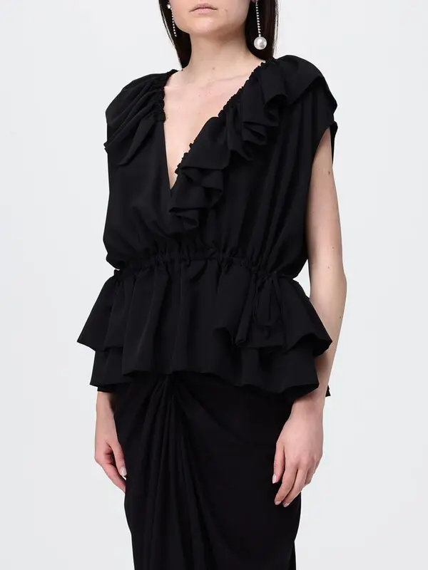 Dries Van Noten Sleeveless Ramie And Silk Blouse With Ruffle Accents - Black