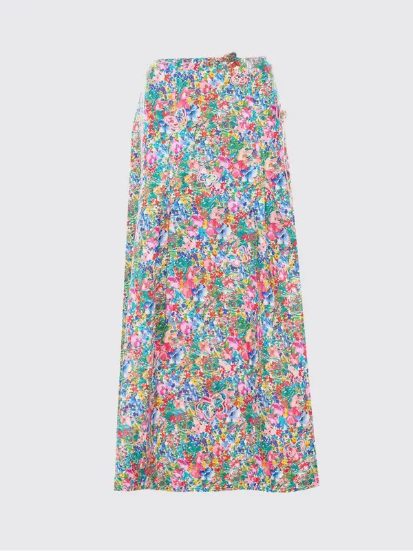 Farm Rio Floral Linen Midi Skirt With Appliqués
