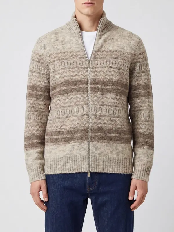 Brunello Cucinelli Striped Turtleneck Zip-up Cardigan - Beige