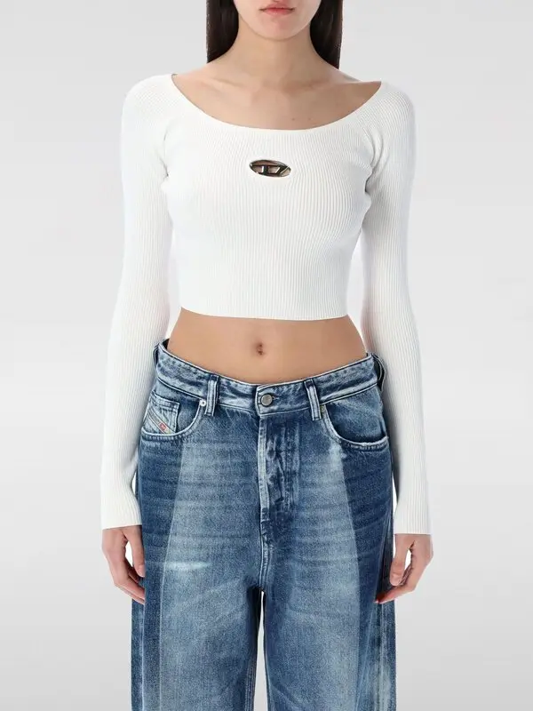 DIESEL® Cropped Ribbed Long Sleeve Top - White