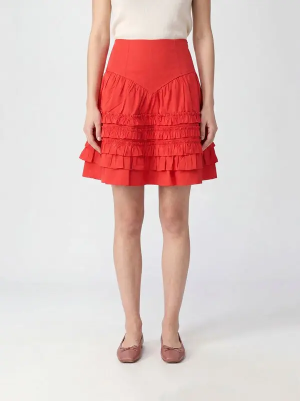 GANNI Embroidered Cotton Ruffle Mini Skirt - Red