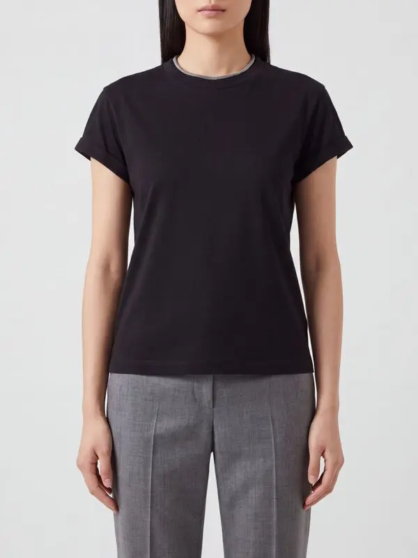 Brunello Cucinelli Stretch Cotton Crew Neck T-shirt With Monili Embroidery - Black