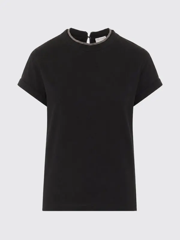 Brunello Cucinelli Stretch Cotton Crew Neck T-shirt With Monili Embroidery - Black