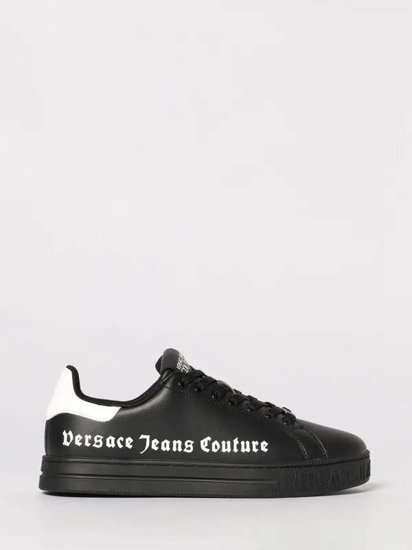 Versace Low Top Leather Sneakers With Logo Print - Black