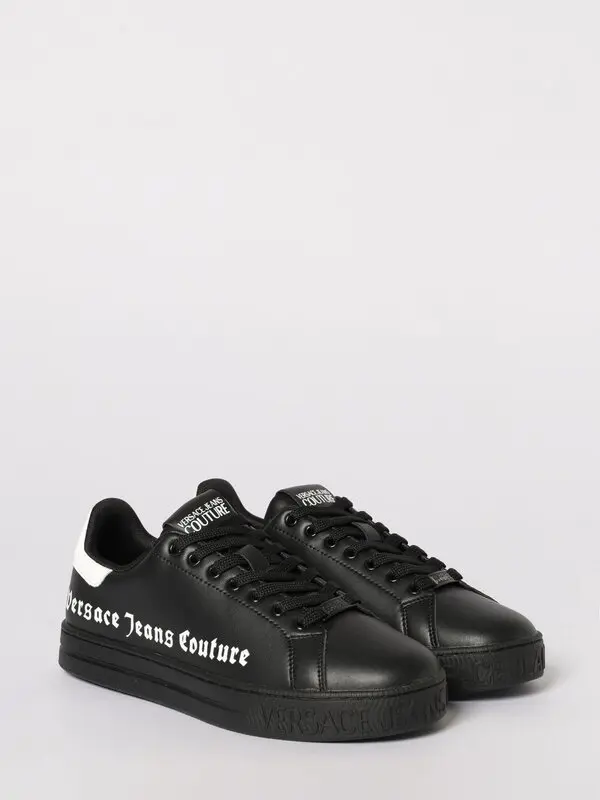 Versace Low Top Leather Sneakers With Logo Print - Black