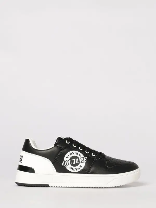 Versace Leather Sneakers With Printed Logo - Black